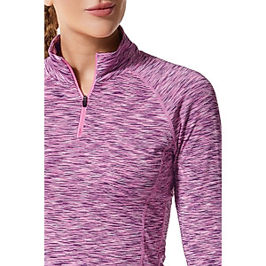 Zengjo Long Sleeve Running Shirts Women Half Zip with Thumb Holes(Marled Pink,M)