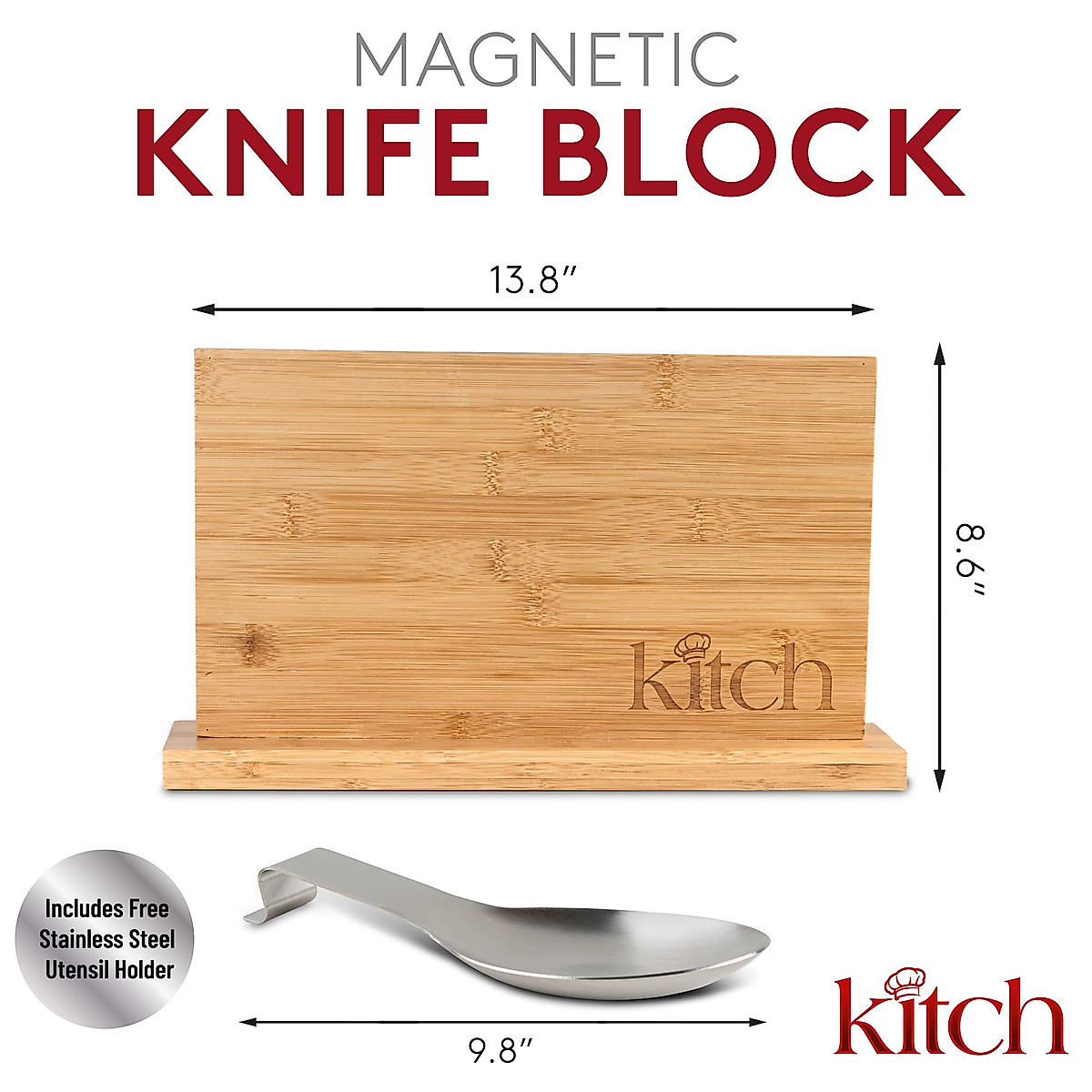 Kitch Magnetic Bamboo Knife Block 12", Double sided space saving freestanding storage holder for knives, handmade universal cutlery organizer stand with magnets