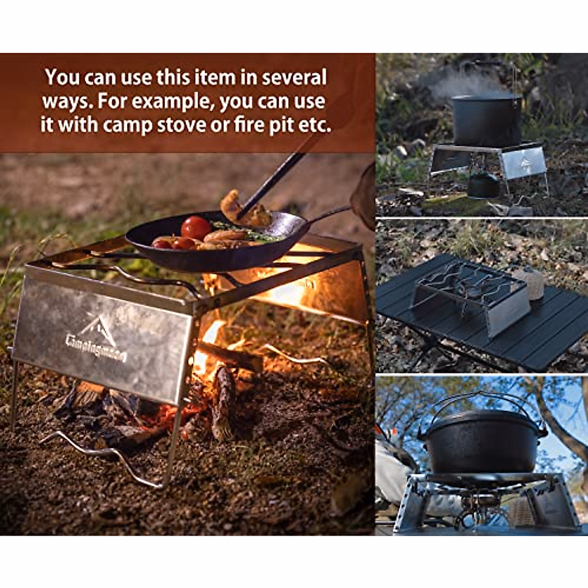 CAMPINGMOON 304 Stainless Steel Portable Open Fire Campfire Grill for Dutch Oven Cooking Ware with Windscreen Legs and Carrying Bag MS-1018