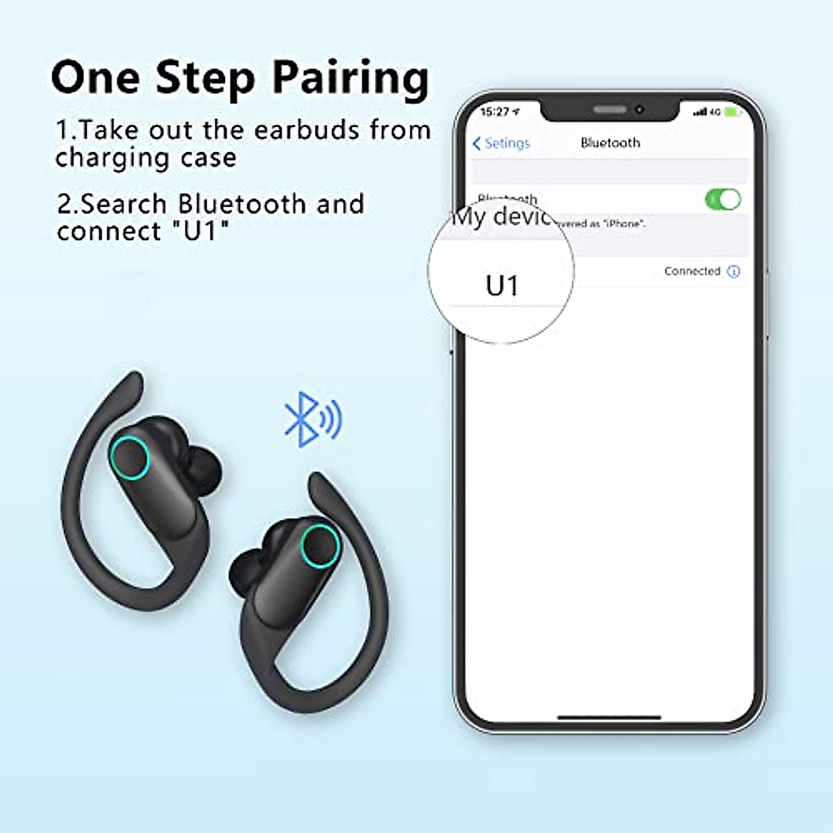XUX Wireless Earbuds Bluetooth 5.2 Headphones Bluetooth Headphones 4-Mics Clear Call 30H Playtime with Earhooks Sweatproof Waterproof in Ear Earphones for iPhone Android Sports Running Workout Gaming
