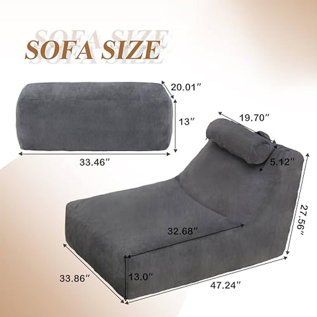 Homguava Bean Bag Chair Large Indoor Beanbag Sofa Lazy Beanbag with Neck Roll&Ottoman Cozy Floor Sofa with Washable Cover&Side Pocket for Bedroom (Grey)