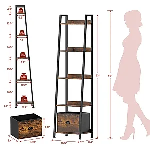 RVHOME 2024 Ladder Shelf, 5-Tier Upgraded Elevated Ladder Bookshelf with Drawer, 63" Ladder Shelf Bookcase, Tall Bookshelf with Steel Frame, Rustic Bookshelf for Living Room, Home Office, Bedroom