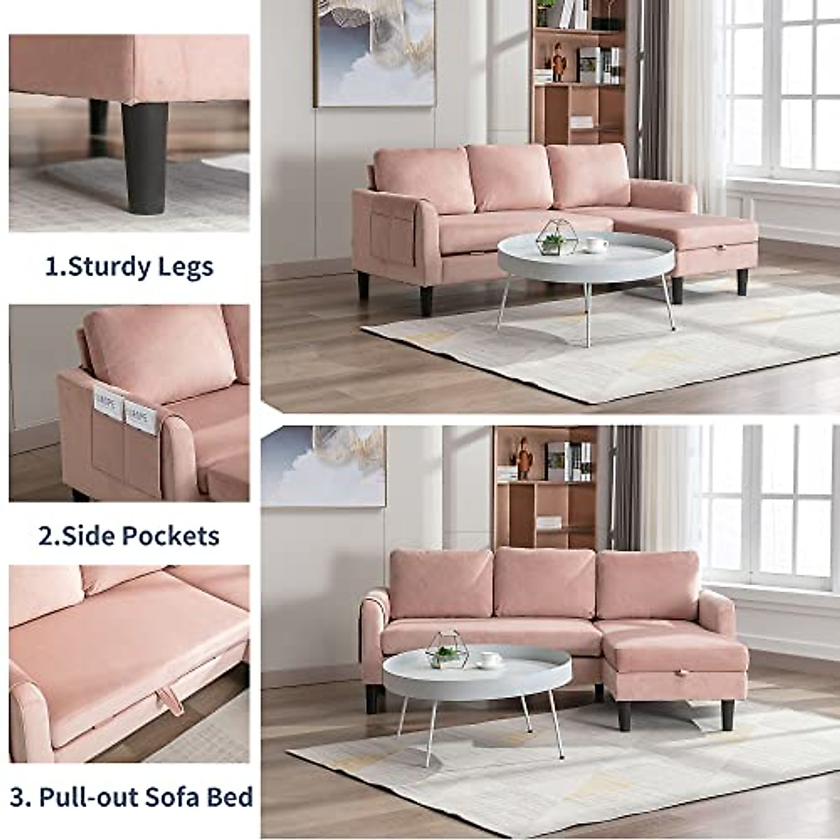 PEIHONGET Sleeper Sectional Sofa, 72.44" Velvet L-Shape 3 Seat with Pull Out Bed, Sectional Sofa Couch with Storage Chaise Living Room Bedroom Apartment(Pink)