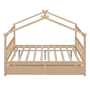 Full Size House Bed with 2 Storage Drawers Wooden Kids Montessori House Bed Frame Wood Playhouse Tent Bed for Girls Boys Teens, Natural