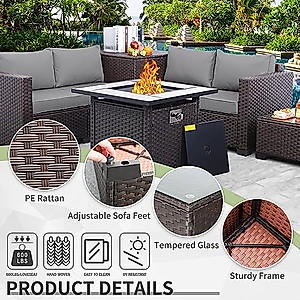 WAROOM 5 Pieces Patio Furniture Set PE Wicker Outdoor Brown Rattan Sectional Sofa Loveseat Couch Conversation Chair with Storage Bin Coffee Table and Propane Fire Pit, Anti-Slip Grey Cushion