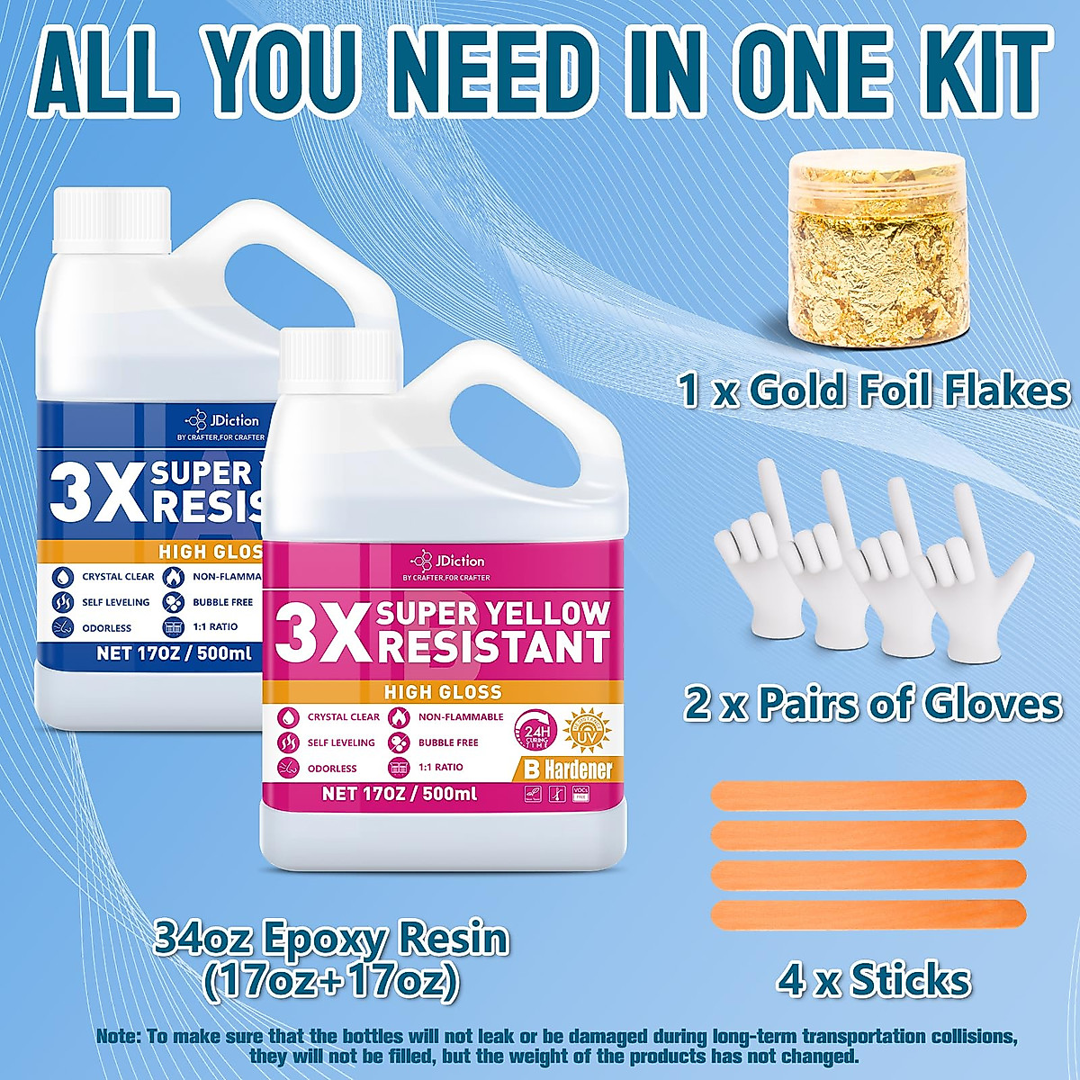 JDiction Epoxy Resin High Gloss 34OZ - 3X Yellowing Resistant Upgrade Formula, Self Leveling Resin and Hardener, Crystal Clear & Bubble Free Coating and Casting Resin for Jewelry, Art, Wood 1:1 Ratio