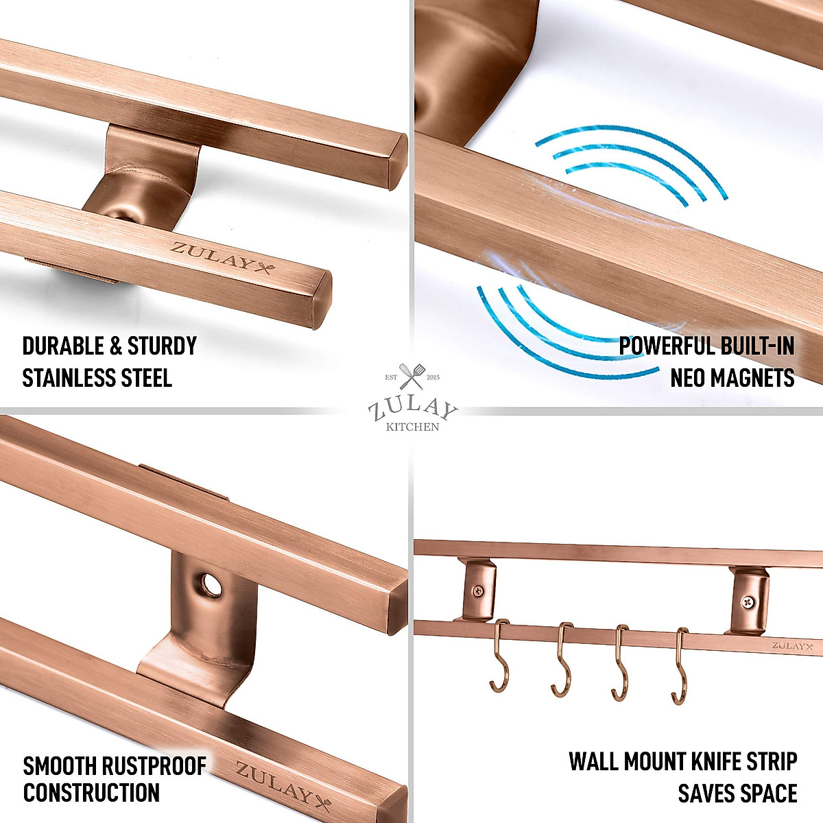 Zulay (12 Inch) Stainless Steel Magnetic Knife Holder For Wall - Powerful Knife Magnetic Strip With Extra Hanging Hooks - Wall Mount Magnetic Knife Strip & Organizer For Kitchen & Tools (Copper)