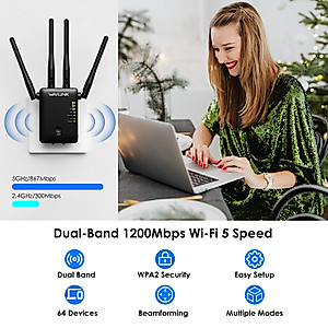 AC1200 WiFi Extender, WAVLINK WiFi Range Extender Signal Booster for Home, Internet Booster Covers up to 10000sq. ft and 45 Devices,Dual Band, WiFi Repeater/Access Point/Router Mode, WPS