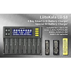 LiitoKala LII-S8 18650 Battery Charger 8+2 Bay Smart Universal Charger LCD Display for Li-ion(IMR/ICR) LiFePO4 Ni-MH/Cd AA AAA C 18650 21700 26650 18350 14500 RCR123 Batteries & 9V Batteries