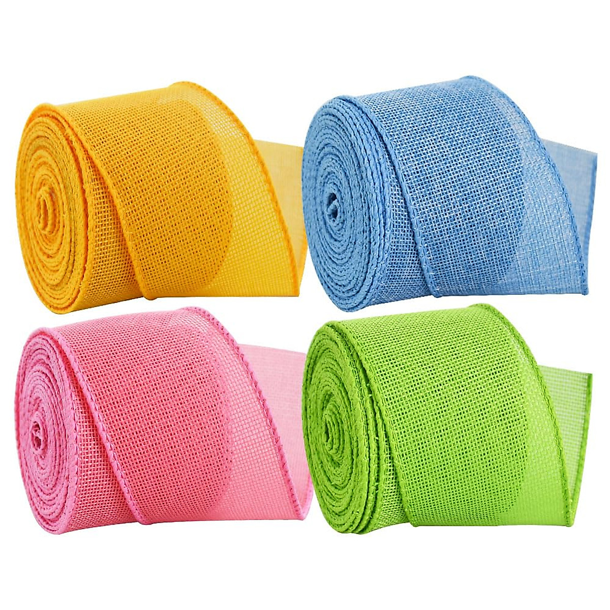 TONIFUL 4 Rolls Easter Ribbon, Burlap Wired Ribbons, Yellow, Pink, Baby Blue, Green, Faux Burlap Ribbon, for Easter Home Decor Wreath Front Door Gift Wrapping Tree Topper Bow Crafts (2 Inch x 40 yds)