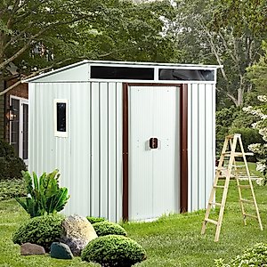 FRANSOUL 6ft x 5ft Outdoor Metal Storage Shed with Window, Outdoor Storage Shed with Lockable Sliding Doors, Floor Frame, Sun Protection, Waterproof Tool Storage Shed for Patio, Lawn,Backyard, White