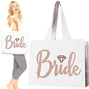 Rose Gold Bride Tote Bag - Giant Brides Tote with Diamond Motif, Bridal Shower Gift & Bridal Accessories - White Tote(DBride RSG) WHT
