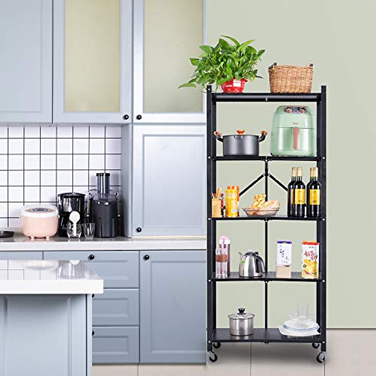 JAQ Foldable Storage Shelves Unit,5-Tier Folding Shelf Rack Organizer Cart with Rolling Wheels for Temporary or Mobile Storage in Garage Kitchen Warehouse Patio Plants Basement ( Black,5-Tier)