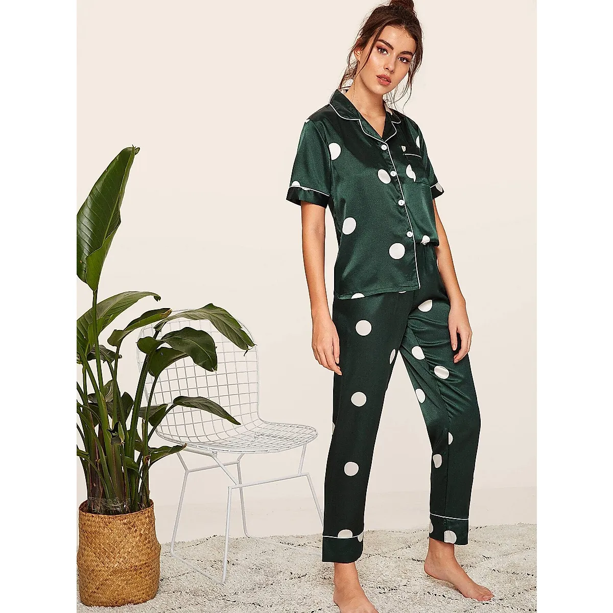 Floerns Women's Printed Two Piece Short Sleeve Sleepwear Long Pants Pajamas Sets Green Dot M