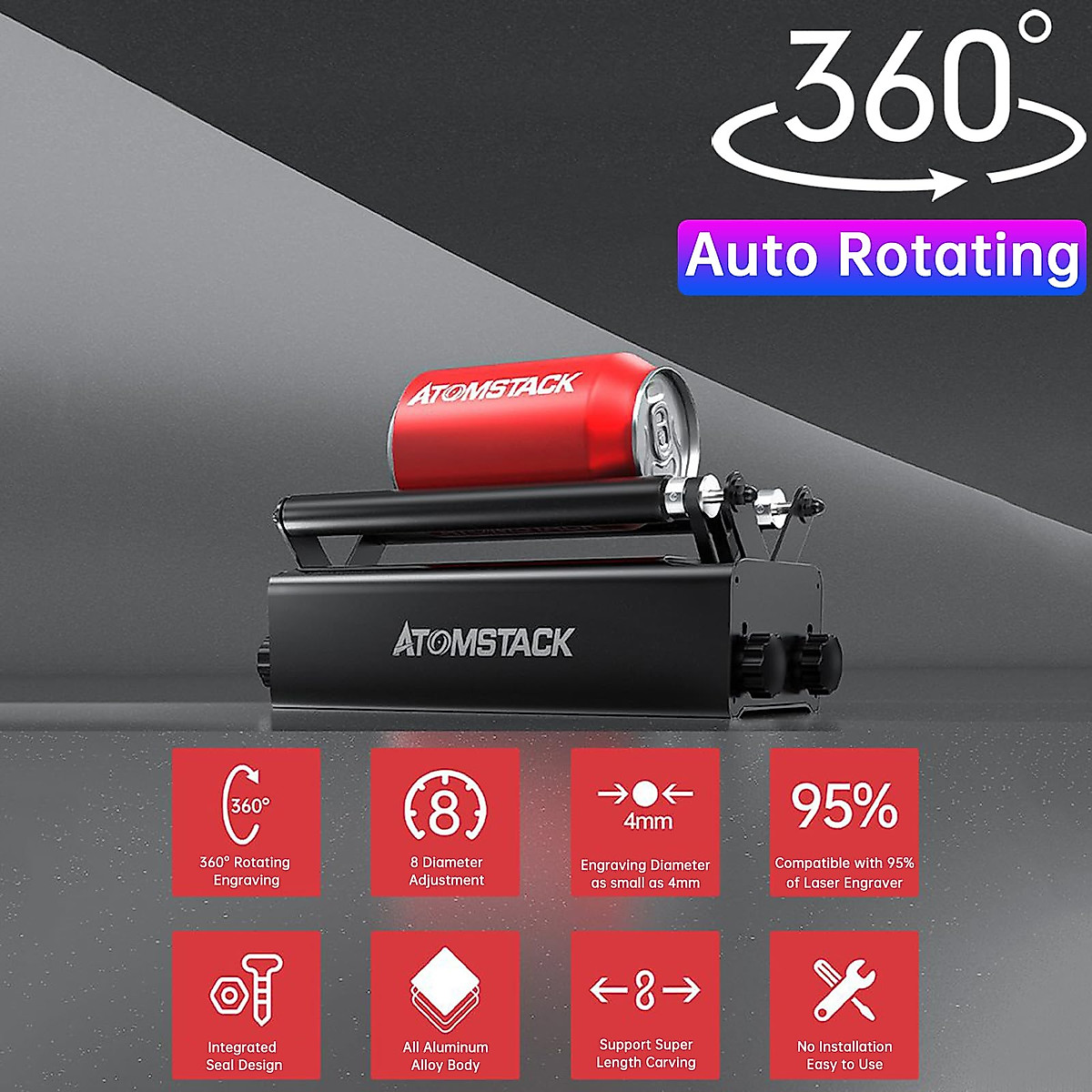 ATOMSTACK R3 Pro Laser Rotary Roller, Engraving Auxiliary Module for Laser Engraver, 360° Y-axis Rotating Roller for Carving of Goblet/Cylindrical/Round/Oversized Objects (R3 Pro Rotary Roller)