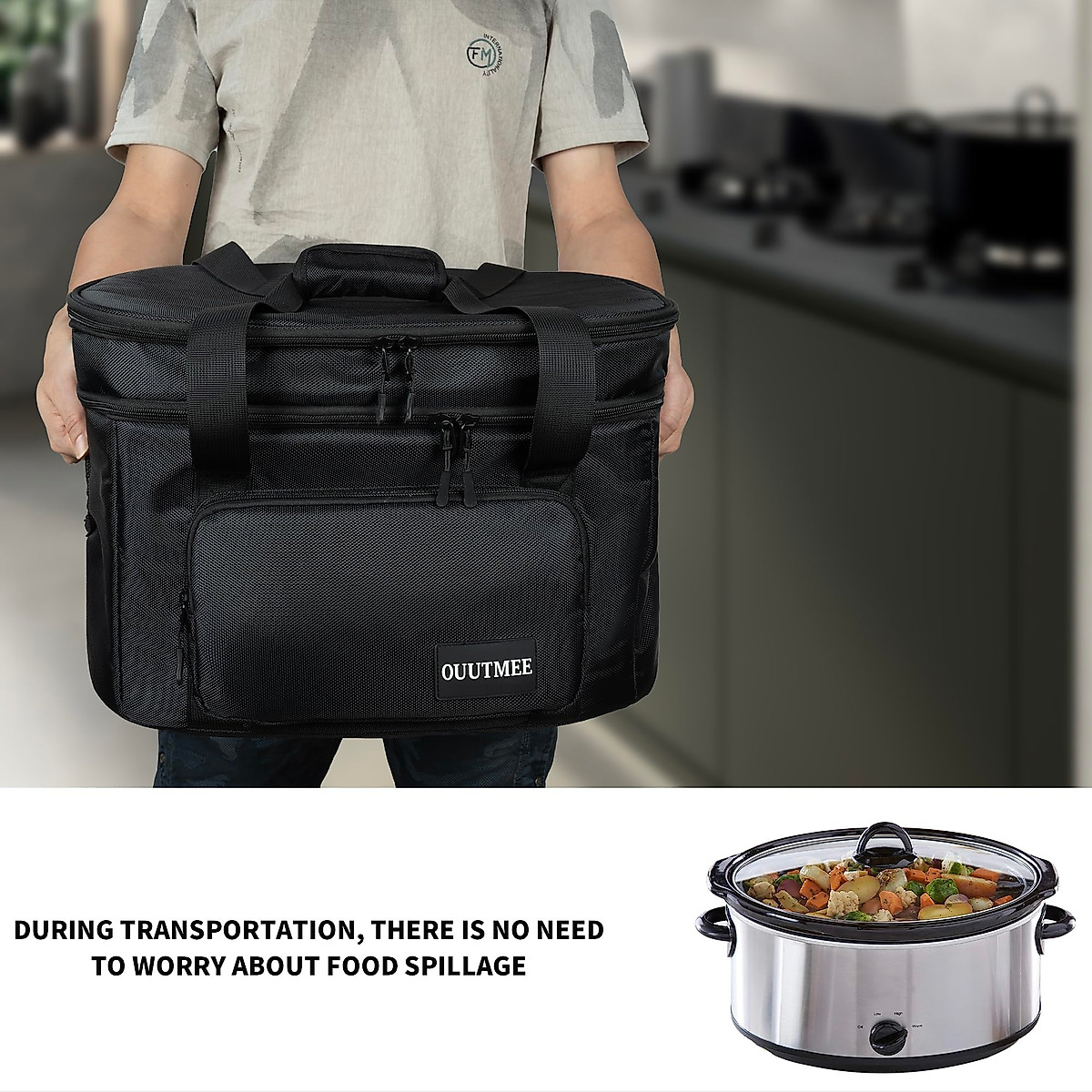 OUUTMEE Slow Cooker Travel Bag, 2 Layers Slow Cooker Carrier, Compatible with 6, 7, 8 Quart Crock-Pot, Insulated Travel Carrier with Easy to Clean Lining