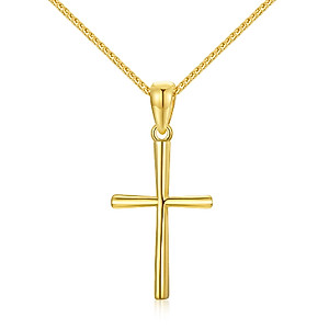 14k Gold Cross Pendant and Wheat Chain Necklace for Women, Baptism Jewelry Confirmation Gifts for Her, 18 inch