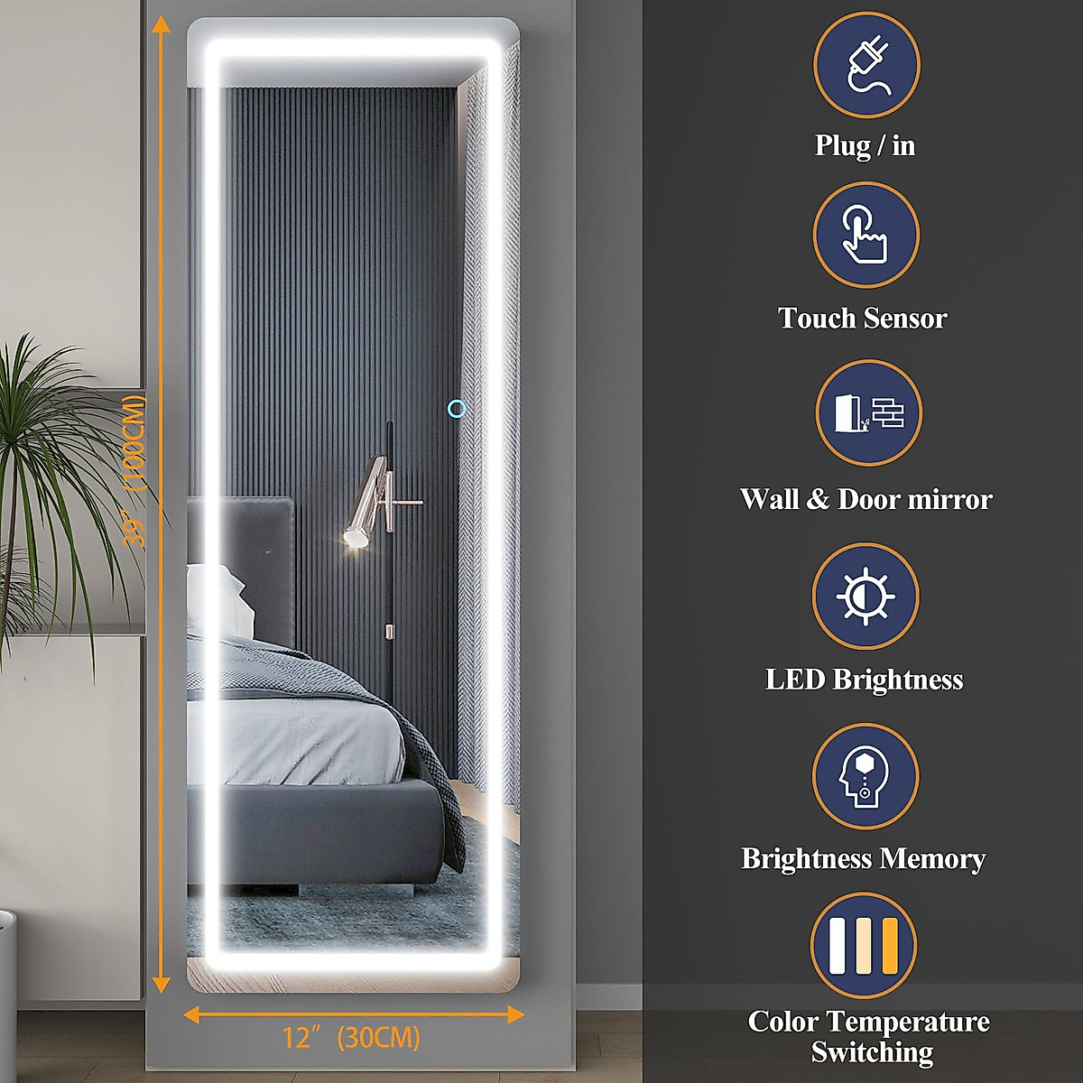 EDTEMI 39"x12" LED Lighted Wall Mounted Mirror,Over The Door Hanging Mirror,Full Body Mirror, Hanging Mirror for Bedroom Living Room Locker Room(White)