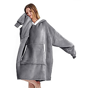 XYNHML Oversized Wearable Blanket Flannel Sherpa Fleece Giant Hoodie Blanket Light Grey Stitch Blanket Hoodie Sweatshirt Blanket with Sleeves and Giant Pocket