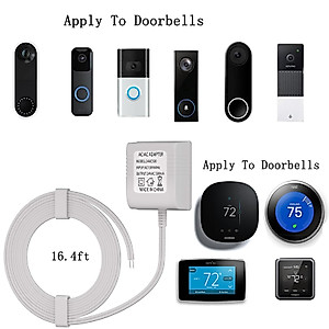 24V Doorbell Power Adapter for Video Doorbells & Thermostats Compatibility with Ring, Nest Hello, Wyze, Eufy, Ecobee, Sensi, Honeywell, and More Long 16.4FT C Wire Power Supply（White）