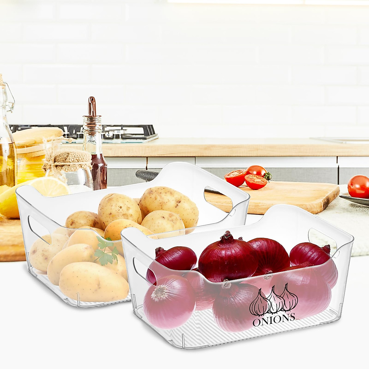 Xbopetda Potato and Onion Storage, Clear Plastic Potato Bin Storage and Onion Holder, 2 Set Kitchen Organizers and Storage, Pantry Storage Bins for Potato, Onion, Fruit, Vegetable, Produce, BPA Free