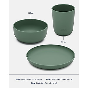 Lalo Big Bites Kids Dinnerware Starter Set - Dishwasher Safe, BPA Free, Kids Tableware Set - Includes Stackable Bowl, Plate, Utensils & Cup - 5 Pieces - Olive