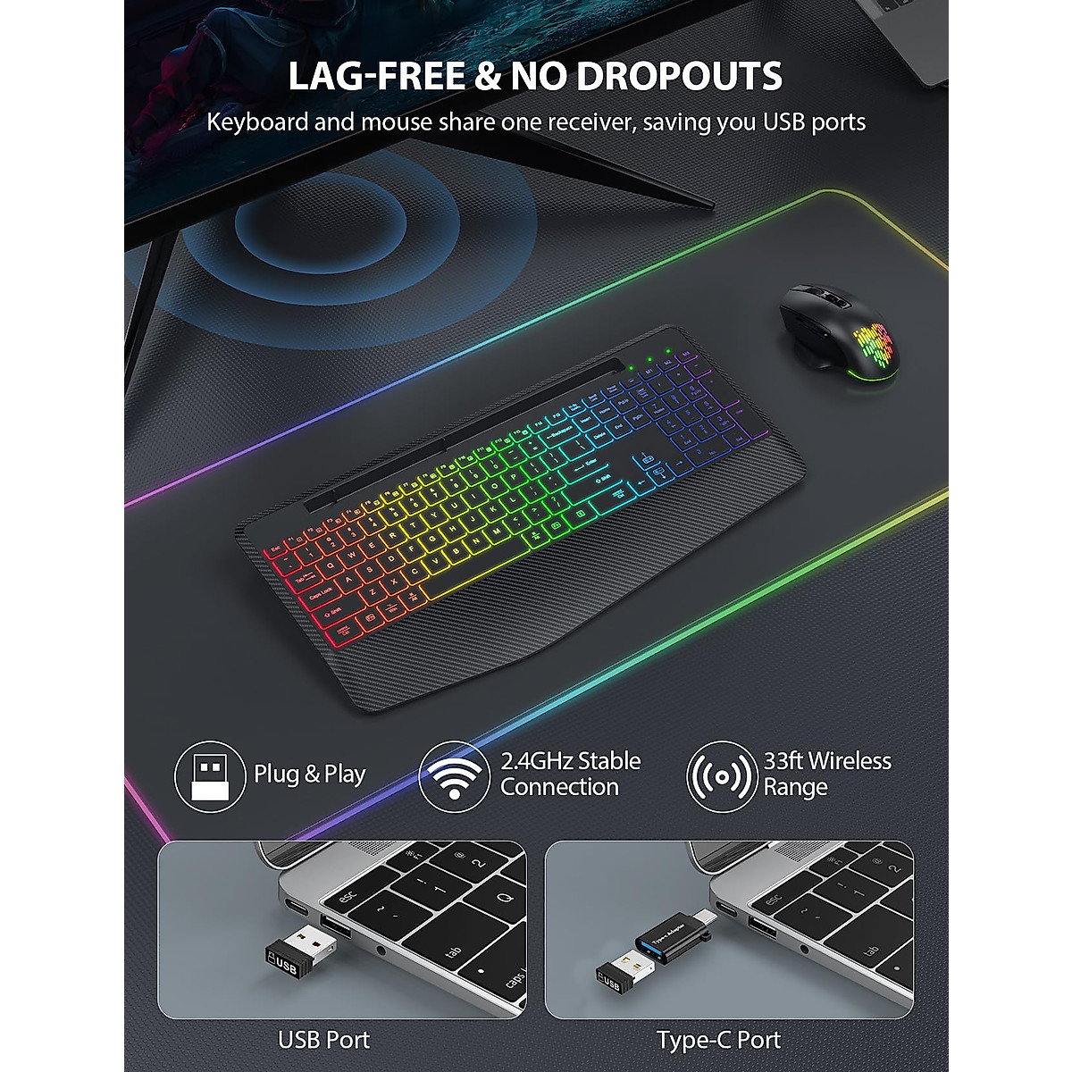 Wireless Keyboard and Mouse with 9 Colored Backlit, Wrist Rest, Jiggler Mouse, Rechargeable Silent Ergonomic Light Up Keyboard Mouse Combo with Phone Holder for Windows, Mac, PC, Laptop