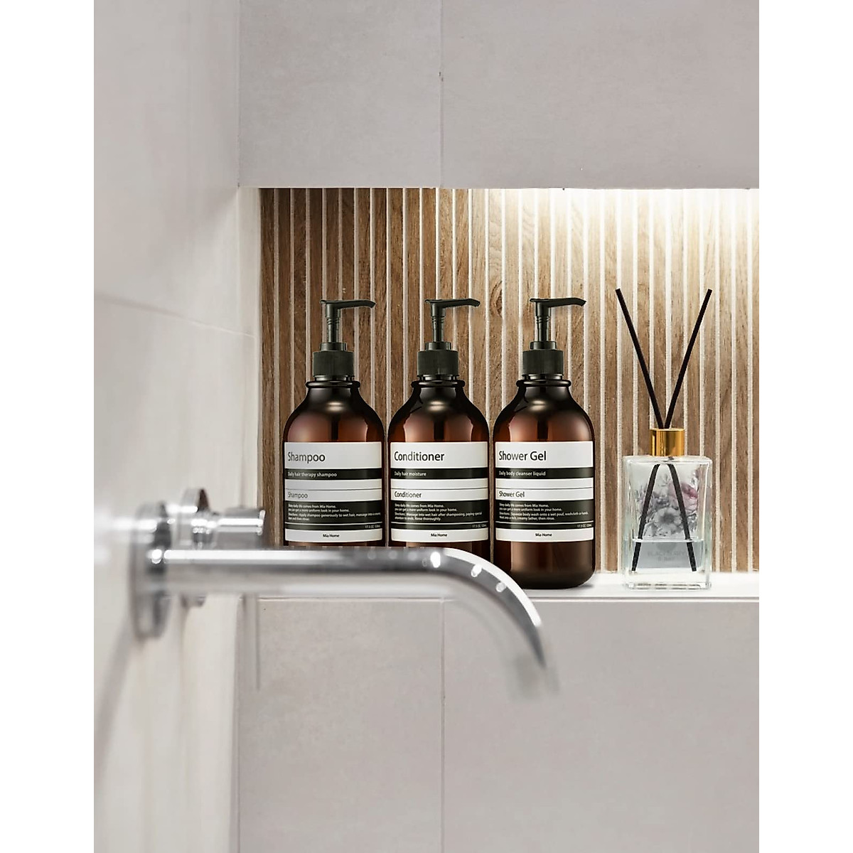 Mia home - 17.5 oz Refillable Empty Amber PET Plastic Bottle Set - 3 Bottles only with Labels, Shampoo & Conditioner & Shower Gel, Silcone Funnel