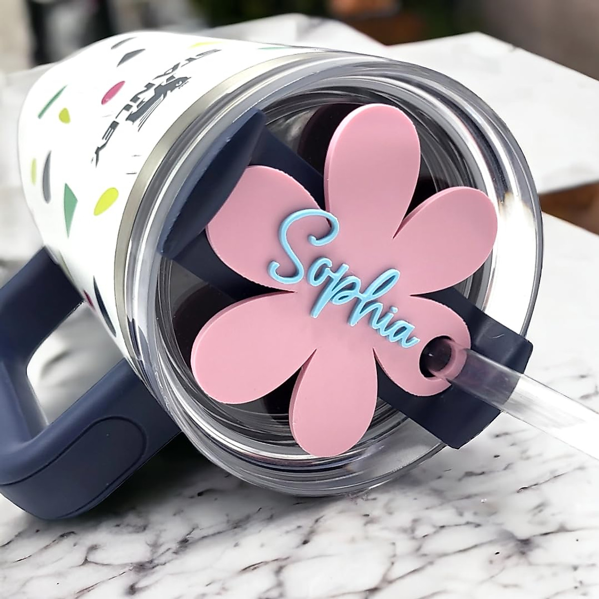 Personalized Flower Tumbler Nameplate for 40 oz / 30 oz Stanley Quencher lid - Raised Lettering -