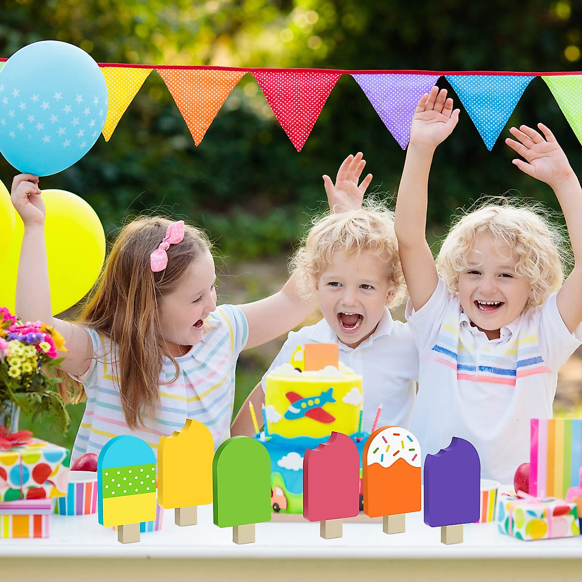 6 Pcs Summer Tiered Tray Decor Hawaii Ice Cream Tiered Tray Decor Summer Wooden Table Decorations Ice Cream Tray Decor Summer Table Signs for Kitchen Home Summer Party Home Supplies