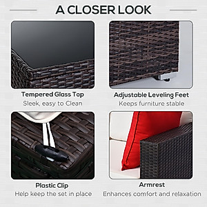 Outsunny 5-Piece Patio Furniture Set with Cushions, Outdoor PE Rattan Wicker Sofa Set, Sectional Furniture with Pillows, Glass Coffee Table for Garden, Backyard, Brown/Cream White