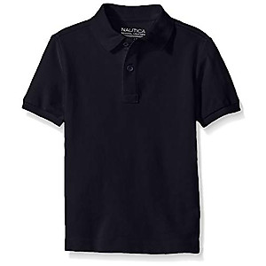 Nautica Boys School Uniform Short Sleeve Polo Shirt, Button Closure, Comfortable & Soft Pique Fabric, Navy, 14-16 Husky
