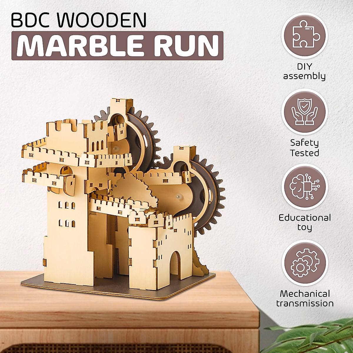 BDC 3D Wooden Puzzles for Teens & Adults, Electric Mechanical Building Project, 3D House Kit, Wooden Marble Track, Cool DIY Puzzle Gift for Aged 14+, (The Fortress)