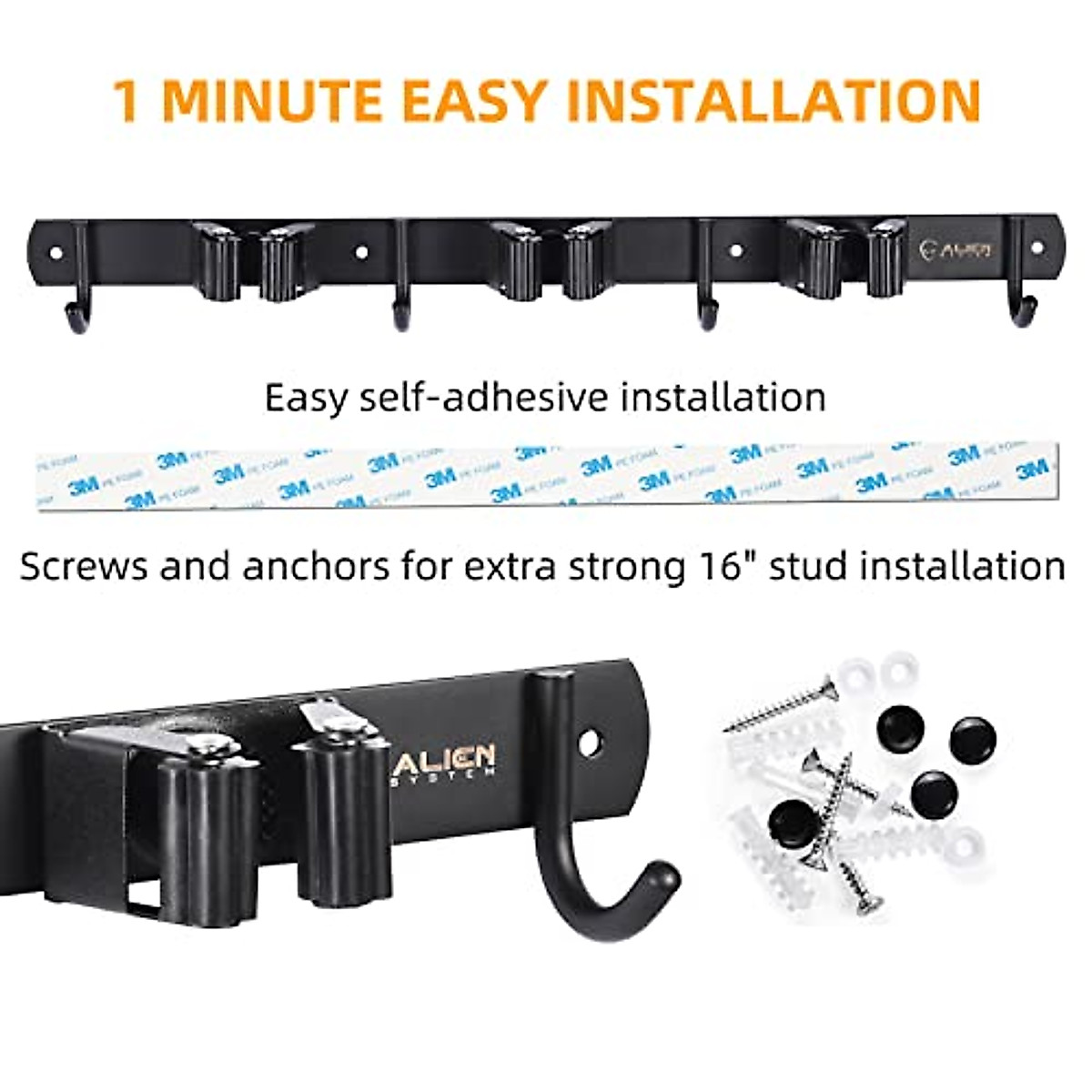 ALIEN SYSTEM Mop and Broom holder wall mount 3 Pack - Hooks for brooms and mops - Wall mount broom and mop holder - Tool organizers and storage