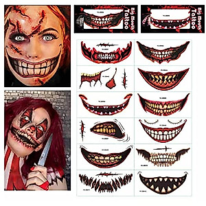 12Pcs Halloween Face Tattoos,Halloween Prank Makeup Temporary Tattoo,Adults Kids Clown Horror Mouth Fake Tattoo Stickers,Face Decals Prank Props for Halloween Cosplay Part