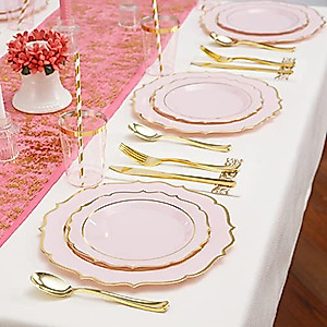 ISFANGCO 200 PCS Pink Thickened Plastic Plates Set for 25 Guests,Gold Rimmed Heavy Duty Disposable Plates for Party Wedding with Napkins,25 Dinner Plates,Dessert Plates,Spoons,Forks,Knives,Cups