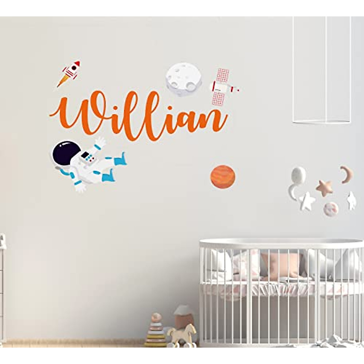 Custom Name Astronaut Wall Decal - Personalized Astronaut Wall Sticker - Spaceship Planet Outer Space Wall Art Mural - Wall Decal for Nursery Bedroom playroom Decoration (Wide 15"x11" Height)