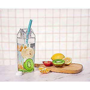 Heyworld 33 OZ Large Clear Milk Carton Water Bottle Creative Square Transparent Cup + Straw + Storage Bag