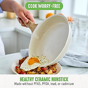 GreenLife Arte 2 Piece Frying Pan Set, Ceramic Nonstick 9.5" & 11" Skillets, Induction Suitable, Non Toxic PFOA & PFAS Free, Wood Print Handles, Dishwasher Safe, Speckled Cream