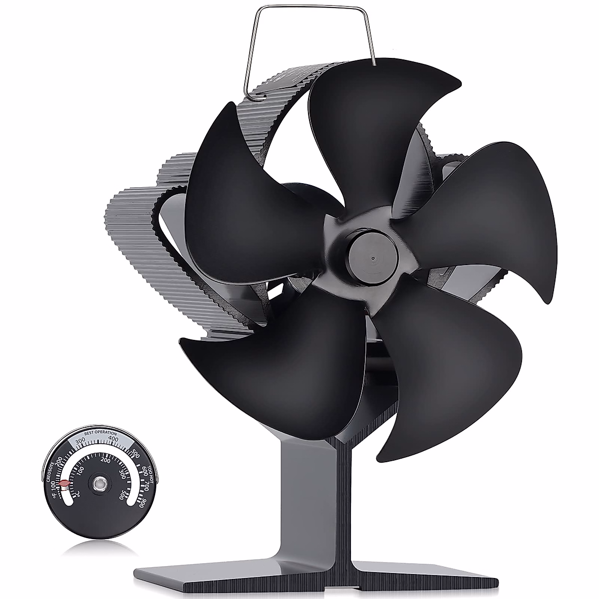 Heat Powered Stove Fan with Magnetic Thermometer, 5 Blade Wood Stove Fan, Ultra Quiet Non Electric Fireplace Fan for Wood Burner Stove/Log Burner/Fireplace