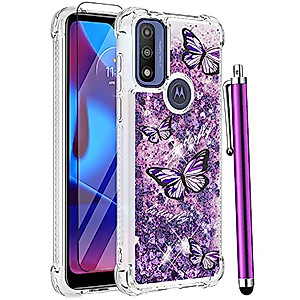 CAIYUNL for Moto G Pure Case, Moto G Power 2022 Case with Glass Screen Protector, Women Girls Glitter Bling Floating Liquid Sparkle Cute Soft TPU Protective Phone for Motorola G Pure -Purple Butterfly