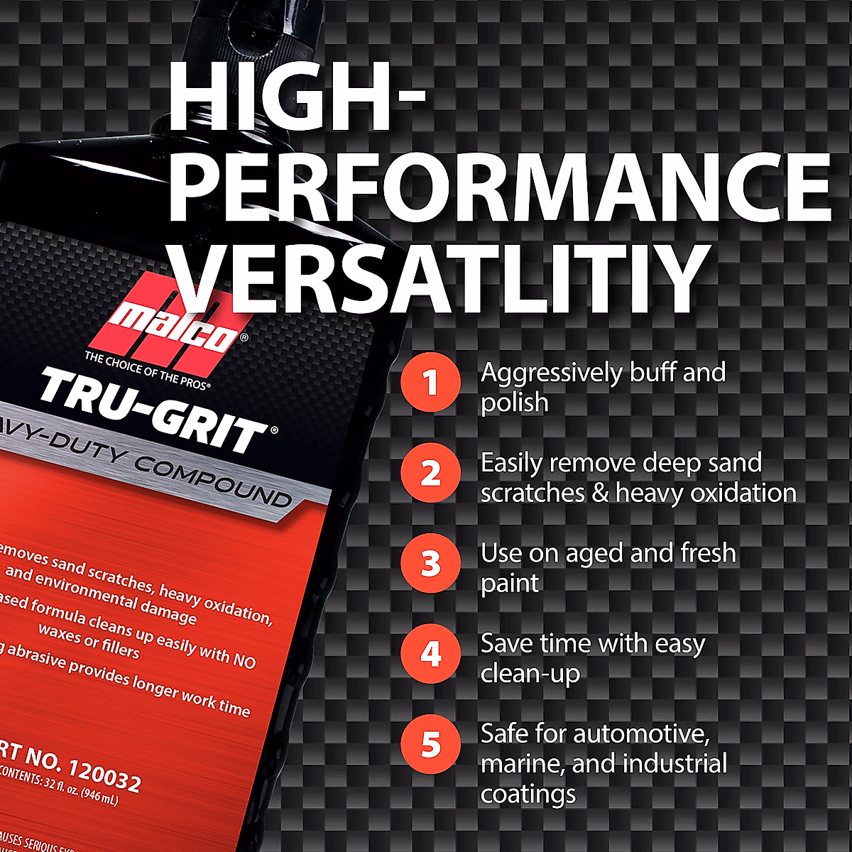 Malco Tru Grit - Heavy Duty Buffing and Polishing Compound for Cars/Automotive Paint Correction and Detailing/Removes 1000-1500 Grit Sand Scratches / 32 Oz. (120032)