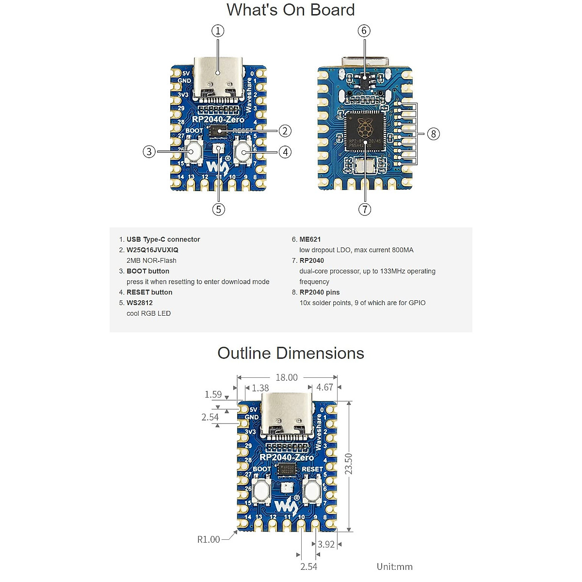 Waveshare RP2040-Zero High-Performance Pico-Like MCU Board Based On Raspberry Pi Microcontroller RP2040 Castellated Module Allows Soldering Direct to Carrier Boards-3pcs