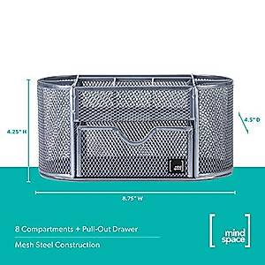 Mindspace Office Desk Organizer with 8 Compartments + Drawer | Desk Caddy Pen Holder For Office Accessories | The Mesh Collection, Silver