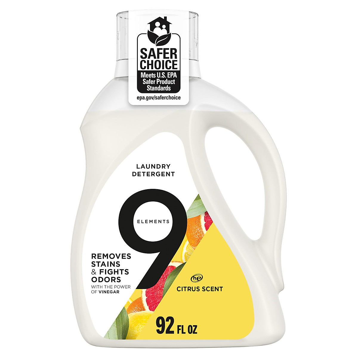 9 Elements Natural Laundry Detergent Liquid Soap, Citrus Scent, Vinegar Powered, 92 Fl Oz, 1 Count, Laundry Detergent Liquid, Washing Detergent