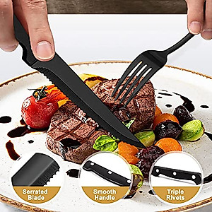 48-Piece Black Silverware Set with Steak Knives, Stainless Steel Flatware Cutlery Set for 8,Stain Finish Tableware Kitchen Utensil Set Includes Spoons Forks Knives, Dishwasher Safe