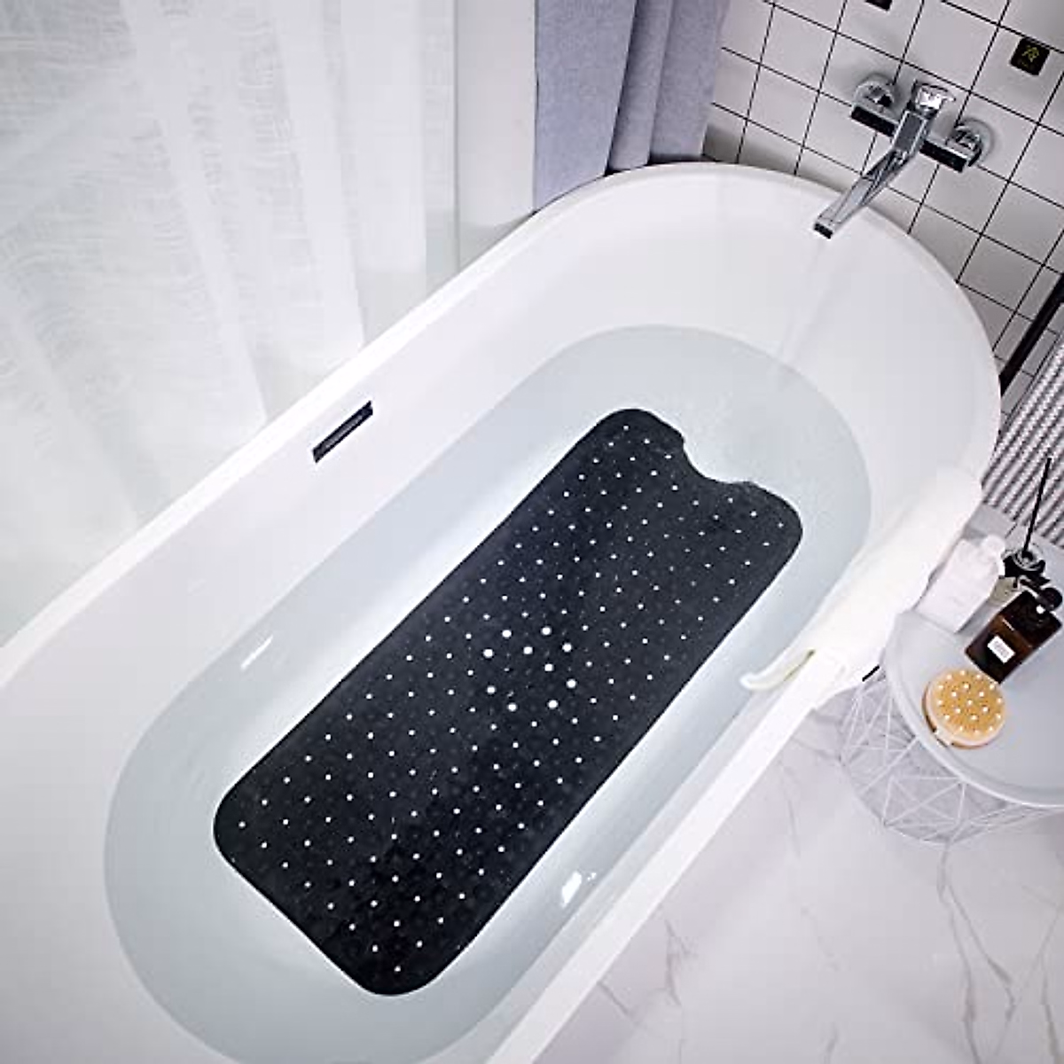 Linoows Bathtub and Shower Mats, Extra Long Non-Slip Bath Mat 39 x 16 Inch, Machine Washable Bath Tub Mat with Suction Cups & Drain Holes for Bathroom, Black