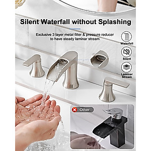 HOIGY Brushed Nickel Widespread Bathroom Faucet, 2 Handles Waterfall Faucet, Bathroom Faucets for Sink 3 Hole, 8 Inch Solid Brass Bathroom Sink Faucets for Vanity Lavatory Restroom with Pop Up Drain