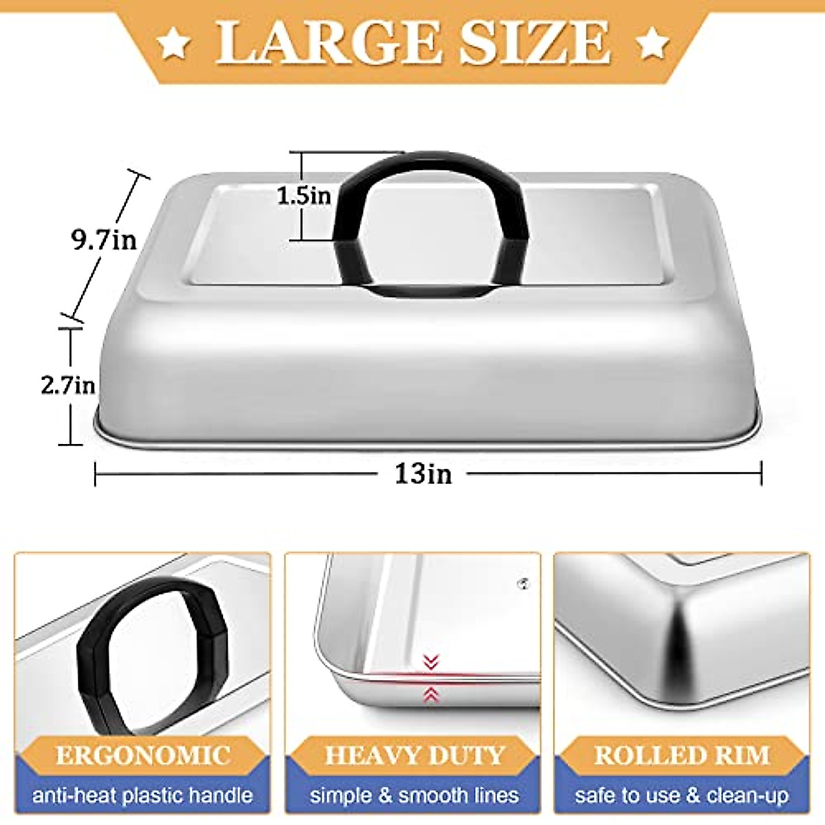 Rectangle Cheese Melting Dome, HaSteeL Stainless Steel Basting Cover for Flat Top Griddle BBQ Steaming Grilling Cooking Indoor & Outdoor, Large 13In & Small 9.3In, Heavy Duty & Dishwasher Safe(2 Pcs)