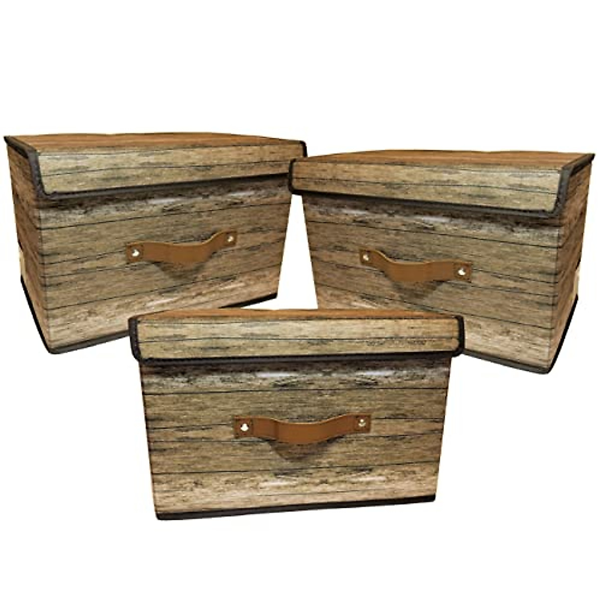 KaleaBoutique KB Foldable Storage Bins with Lids Fabric Collapsible Stacking Boxes, Closet Organizers Storage, Living Room, Laundry Room Bins, Office Home Storage Bins (Set of 3 Bins, Reclaimed Wood)